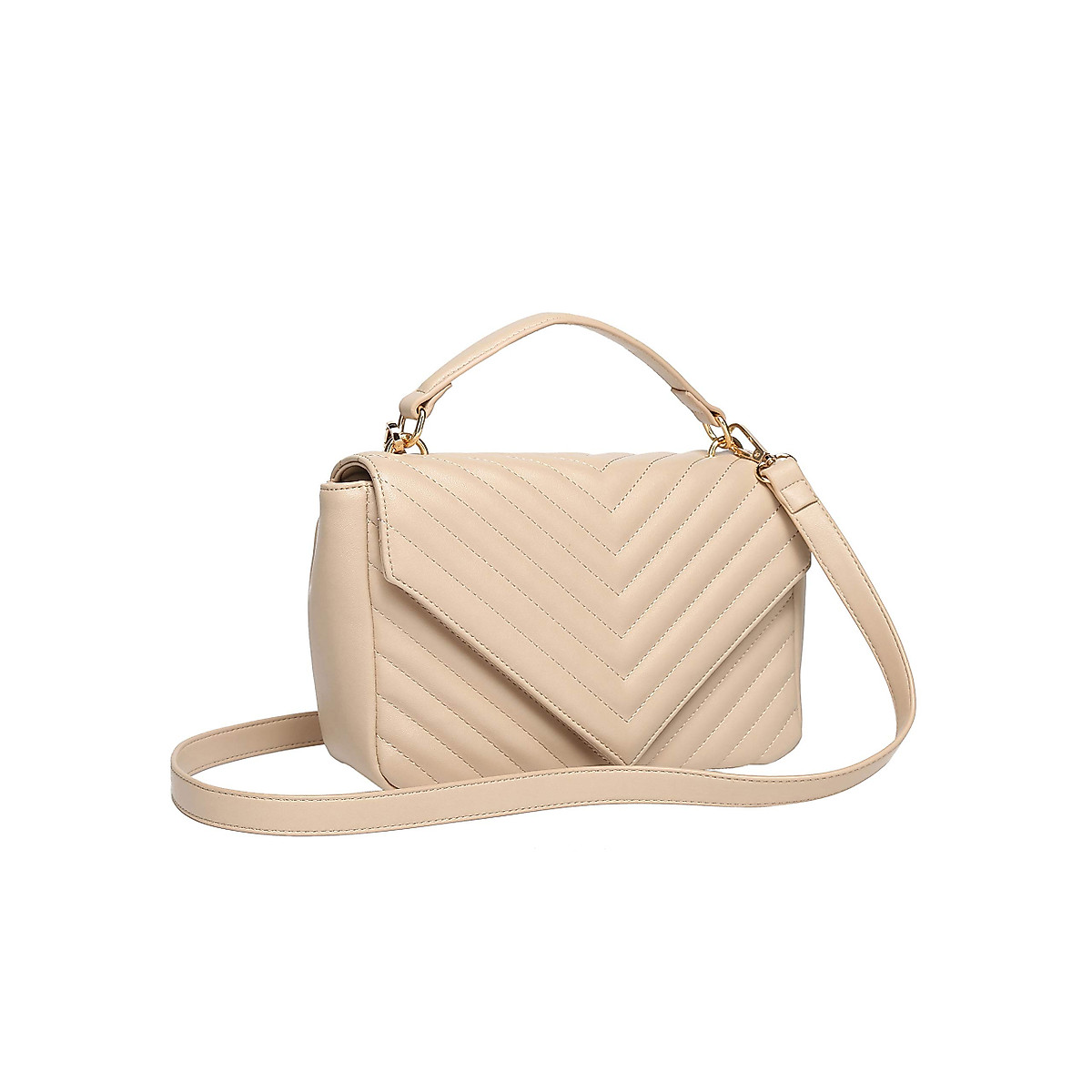 Daisy Rose Quilted Chevron Shoulder Cross Body Bag with Top Handle, PU Vegan Leather - Beige