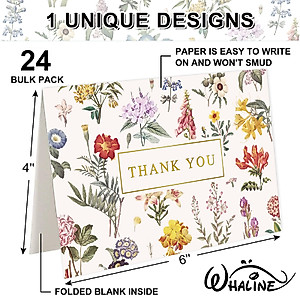 Whaline 24 Pack Wildflower Thank You Cards Vintage Floral Greeting Cards with Envelopes Stickers Gold Foil Retro Spring Blank Note Cards for Wedding Bridal Baby Shower Birthday, 4 x 6 Inch