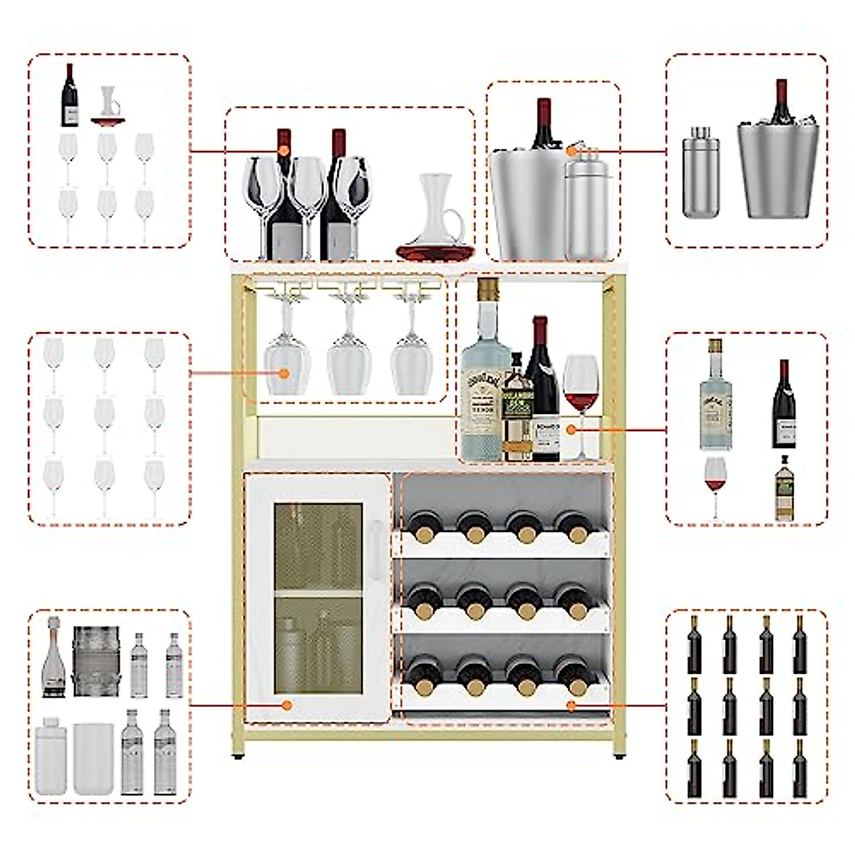 GAOMON Wine Bar Cabinet with Removable Wine Racks and 1 Drawer,Bar Cabinet with Glass Holder and Mesh Door for Liquor and Glasses(Gold)