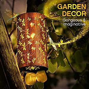 2 Pcs Solar Lanterns Outdoor Hanging, Metal LED Dragonfly Hanging Lantern Lights Dragonfly Gifts for Women Decorative Hollowed Waterproof Retro Garden Night Light Christmas for Patio Backyard Pathway
