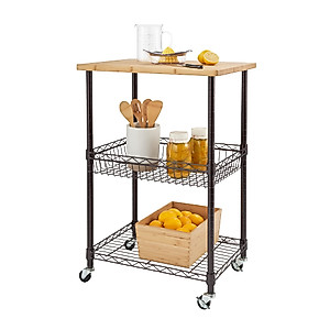 TRINITY BASICS 3 Tier Rolling Cart Kitchen Organizer with Bamboo Top, Metal Wire Storage Basket and Shelf for Household and Pantry Organization, Dark Bronze, 24” W x 18” D x 35” H
