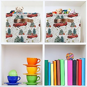 Christmas Red Truck Tree Storage Basket Bins Foldable Toy Baskets Organization with Handles Laundry Hamper for Home Boys Girls Office Closet Shelf Nursery Baskets,2 pcs