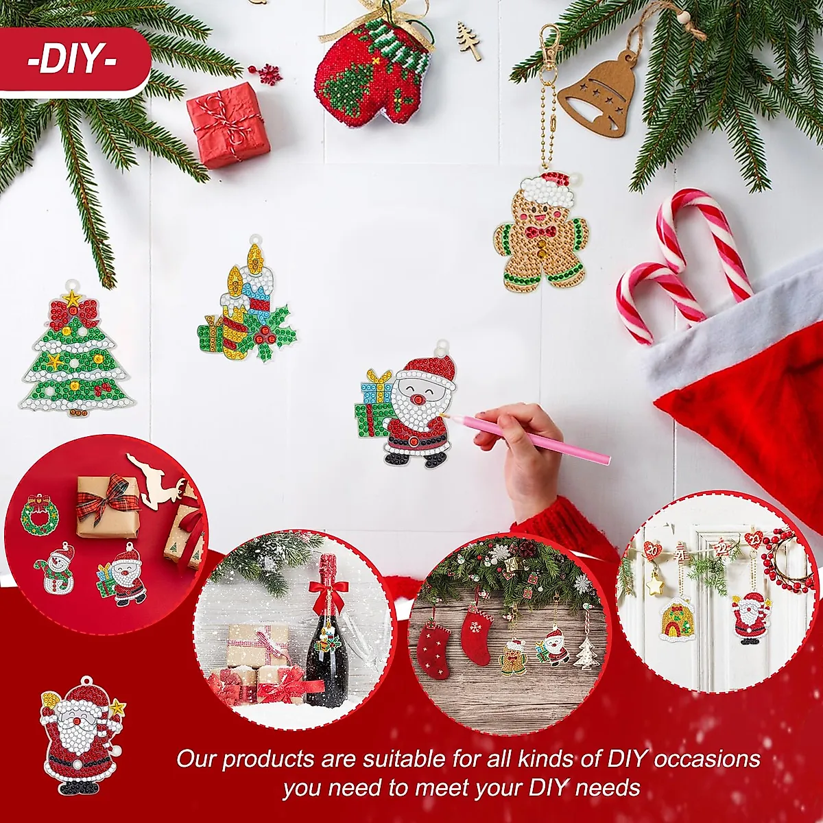 Nardoll Christmas Crafts for Kids - 12 Pieces Christmas Diamond Art Keychains - Make Your Own Diamond Art Christmas Ornaments Decor - 5D DIY Xmas Diamond GEM Arts and Crafts for Girls Ages 4-8 8-12