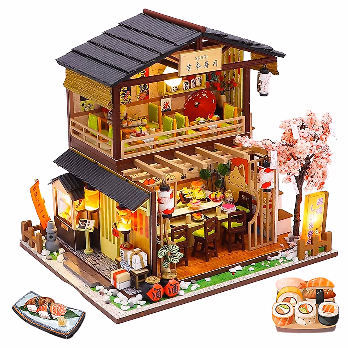 SYW DIY Miniature Dollhouse Kit with Furniture and LED Light，Japanese Sushi Shop Wooden Dollhouse, 1:24 Scale Creative Doll House Toys for Teen