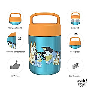 Zak Designs Bluey Kids' Vacuum Insulated Stainless Steel Food Jar with Carry Handle, Thermal Container for Travel Meals and Lunch On the Go (12 oz, 18/8 SS)