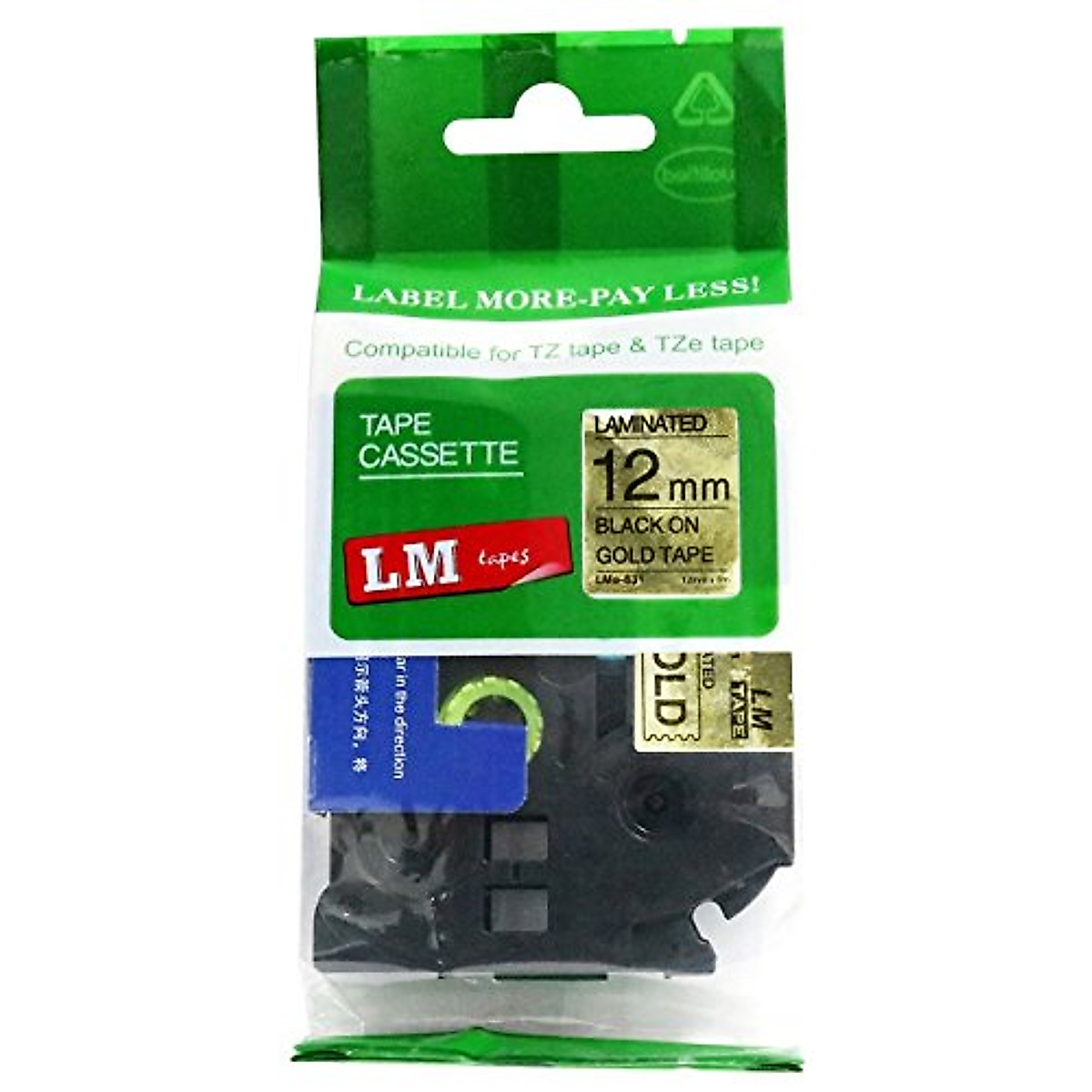 LM Tapes - Brother PT-1180 1/2" (12mm 0.47 Laminated) Black on Gold Compatible TZe P-Touch Tape for Brother Model PT1180 Label Maker with Free Tape Guide Included