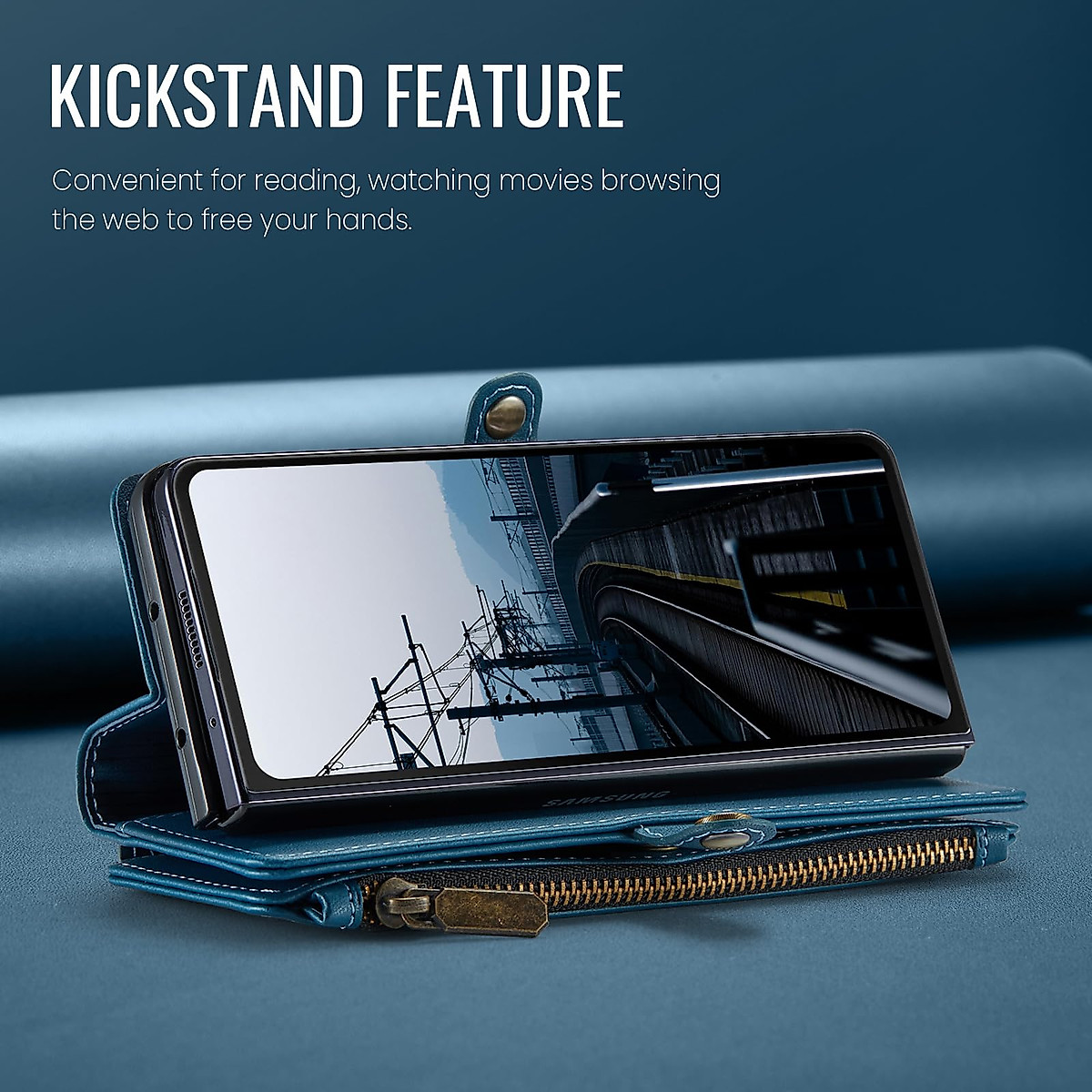 Defencase Wallet Case Compatible with Samsung Galaxy Z Fold 5 with RFID Blocking Card Holder & S Pen Holder PU Leather Magnetic Snap Flip Zipper Strap Phone Case Fit for Galaxy Z Fold 5, Dark Blue