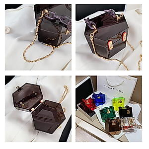 Acrylic Chain Transparent Box Jelly Bag Hexagon Clear PVC Handbag Mini Evening Crossbody Bag (Brown)