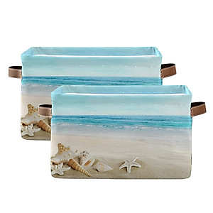 FZDXZJJ Beach Starfish Storage Basket Bins, Ocean Seashell Decorative Baskets Storage Box Collapsible Storage Cubes Organizer with Handles for Nursery Shelf Closet Office Home Bedroom, 2 Pack