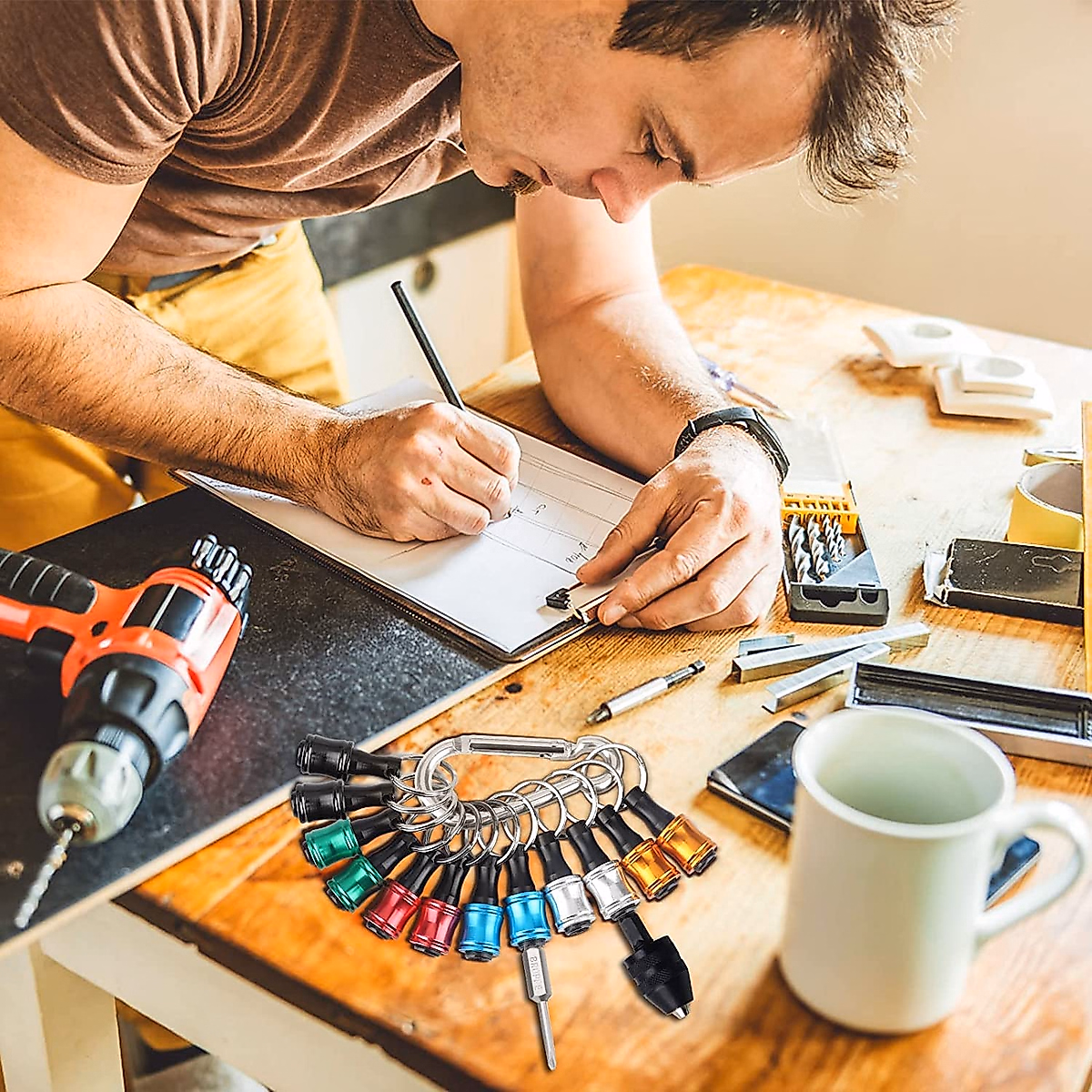 Linkstyle 12PCS 1/4 Inch Hex Shank Screwdriver Bits Holder Extension Bar Keychain Screw Adapter Drill Fast Change Portable Hand-held Bit Holder for Electric Screwdrivers and Drill Bit (6 Colors)