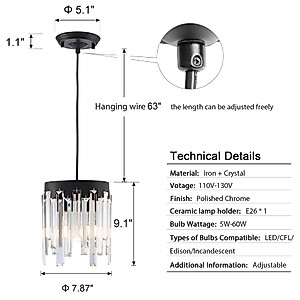 MAYNA Crystal Pendant Light, Modern Chandelier, Adjustable Height Hanging lamp, Black Pendant Lights for Kitchen Island Dining, Room,Living Room,Foyer,Hallway (1Pack)