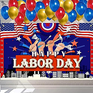 Labor Day Backdrops with 60 pcs Colorful Latex Balloons, Red Happy Labor Day Backdrop Banner Sign Hanging Fabric Photography Background Board Flag Photo Booth Prop Wall （71x44 Inch）-A