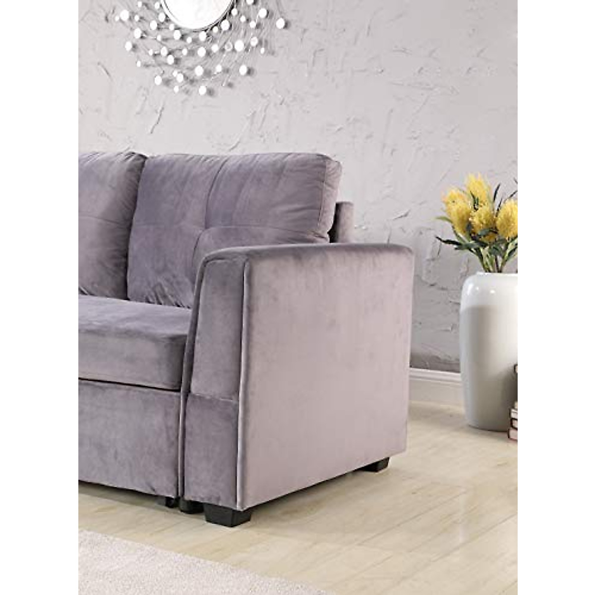 Legend Furniture Velvet Chaise Storage Reversible Sofa Bed Sleeper Sectional, 91", Grey