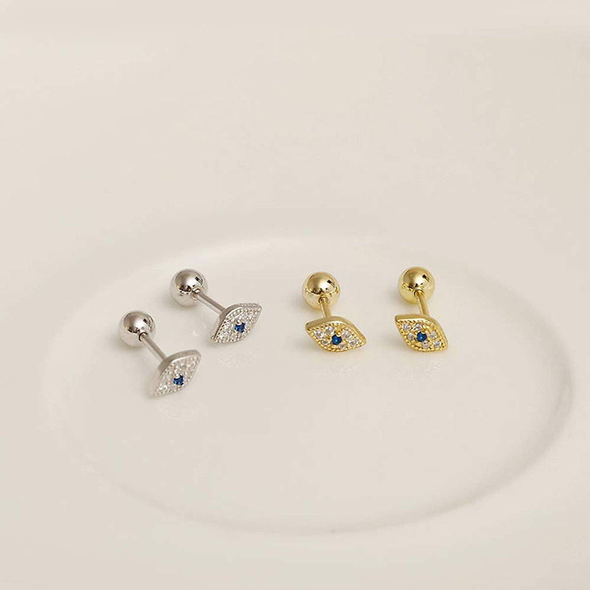 20g Blue Evil Eye Mini CZ Stud Earrings for Women Little Girls Dainty Minimalist 925 Sterling Silver Tiny Cartilage Tragus Small Cute Screw Back Hypoallergenic Studs for Daughter Bff Birthday