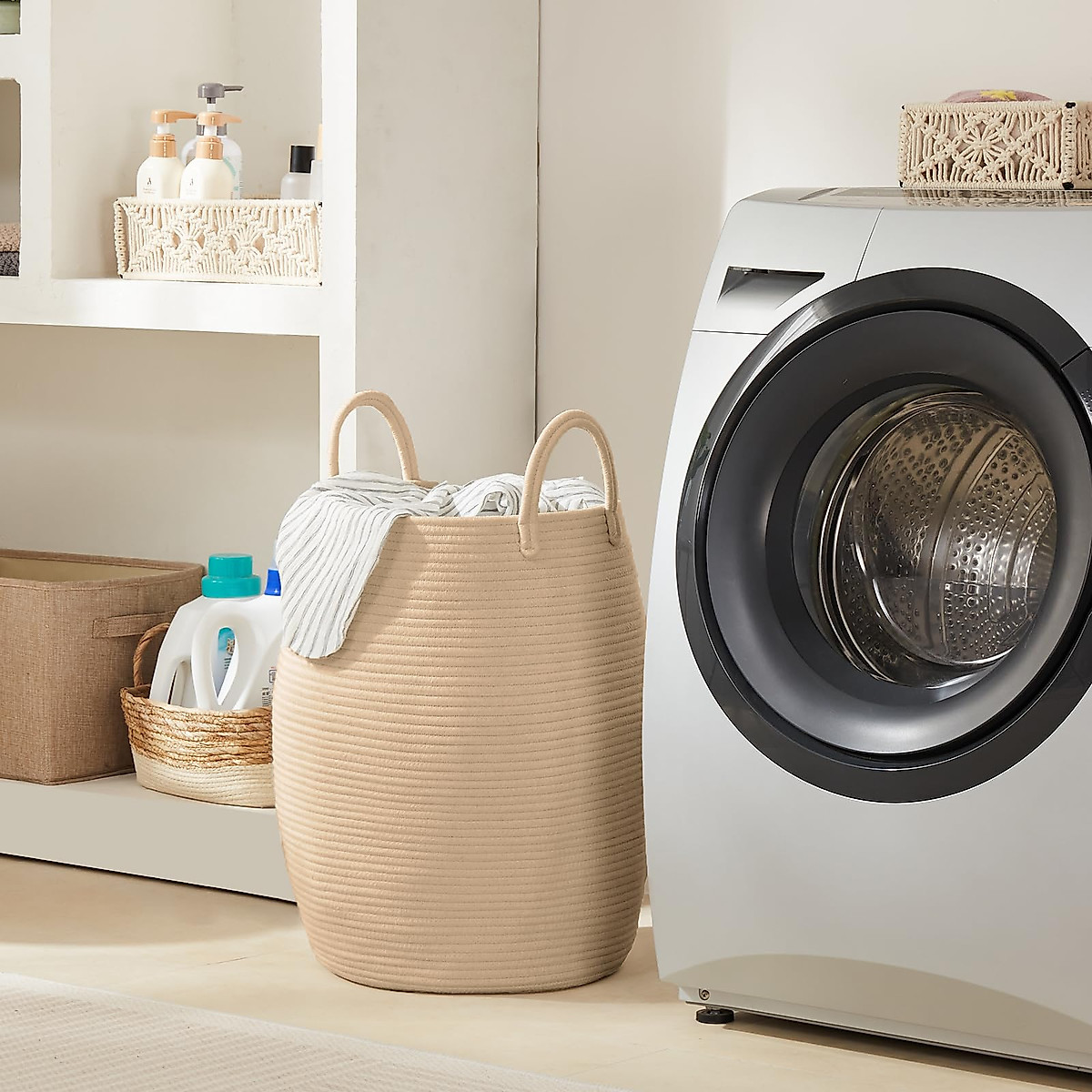 Fiona's magic Large Laundry Hamper Basket, 65L Woven Tall Clothes Hamper for Storage Blanket, Toys and Dirty Cothes in Bedroom and Living Room Organizer, Brown