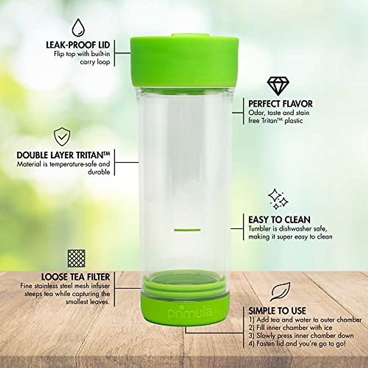 Primula Press and Go Iced Tea Maker, Travel Tumbler, Infuser Bottle, Leak-proof Flip-top Lid with Carry Loop, Dishwasher Safe, Made without BPA, 16-Ounce, Green