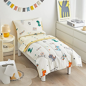 Cotton 4 Pieces Floral Toddler Bedding Set 4 pc Pink Flowers Toddler Bed Set with Includes Adorable Quilted White Comforter,Pink Plaid Fitted Sheet, Top Sheet, and Pillow Case