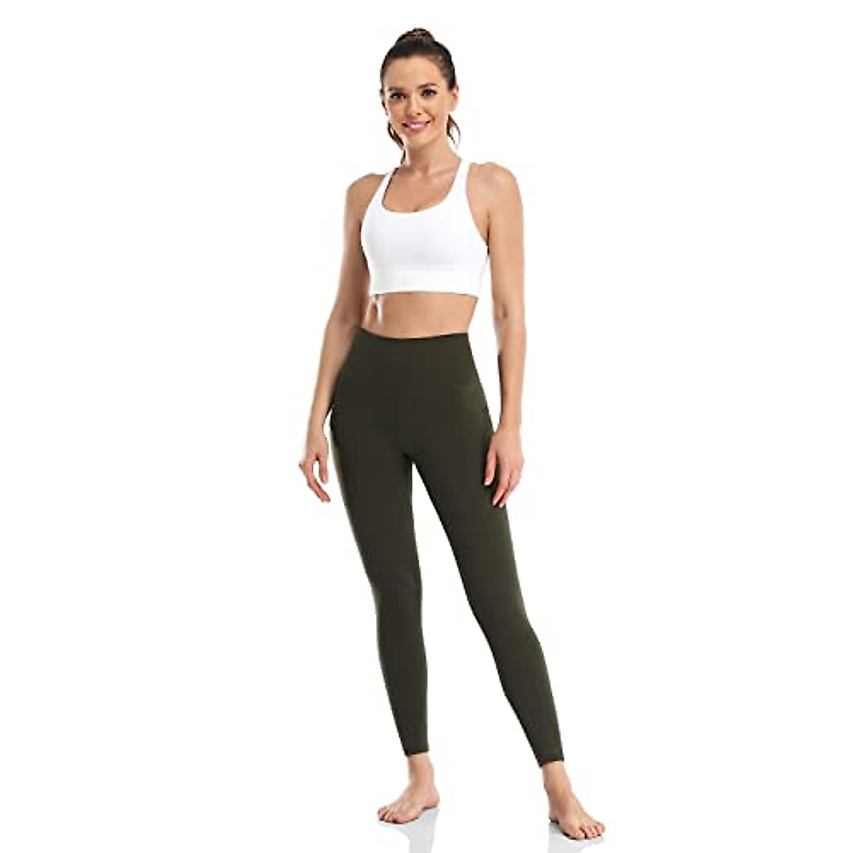 HeyNuts Leggings with Pockets for Women, High Waisted 7/8 Leggings Tummy Control Compression Workout Buttery Soft Pants 25'' Dark Olive L(12)