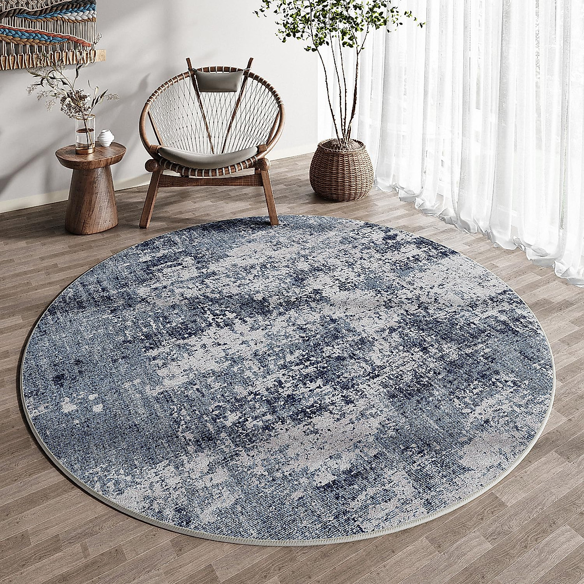 PureCozy Modern Abstract Round Area Rug 6ft Grey Circle Entryway Rug 6x6 Machine Washable Kitchen Accent Rug Indoor Low Pile Carpet Distressed Throw Rug Living Room Bedroom Office Laundry Non Slip