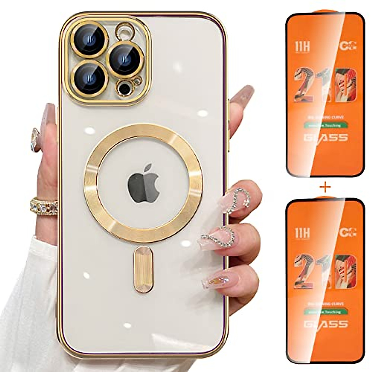 DINGKUAKE for iPhone 12 Pro Max Case Magsafe, Magnetic Clear Phone Case with Screen Protector and Camera Cover, Transparent Electroplated Case for Women/Girl/Men (Gold)