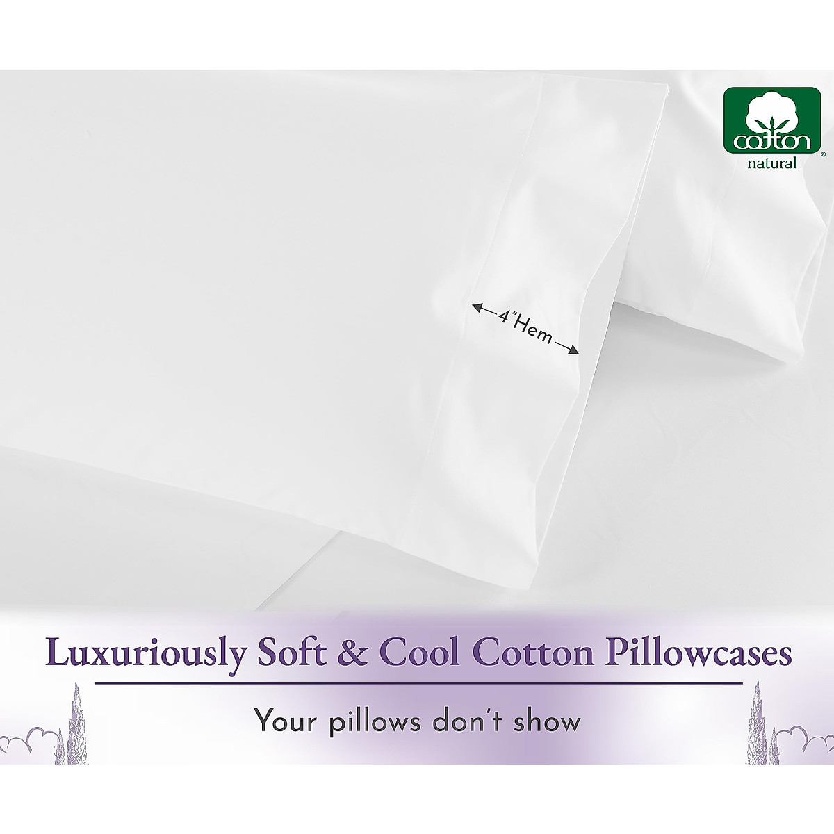 1000 Thread Count, Soft & Smooth, 100% Cotton Sateen Weave, Hotel-Quality, Set of 2 Classic Style Bright White Pillow Cases Standard Size Fits Std & Queen Size Pillows