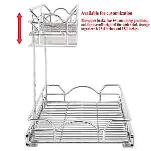 OCG 2 Tier Under Sink Pull Out Organizer (11" W x 18" D x 15.8" H), Under Sink Organizers and Storage for Kitchen Bathroom Cabinet, Chrome Finish