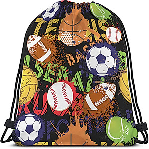 Beabes Balls Drawstring Bags Backpack Bag Baseball Basketball Volleyball American Popular Sports Game Fashion Art Sport Gym Sack Drawstring Bag String Bag Yoga Bag for Men Women
