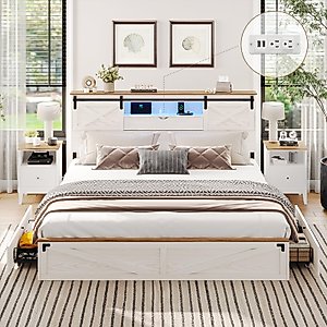 Hasuit Farmhouse Bed Frame King Size with LED Lights and Charging Station, Wooden King Bed with 2 Storage Drawers, Rustic Headboard with Sliding Barn Door Storage Cabinets, White