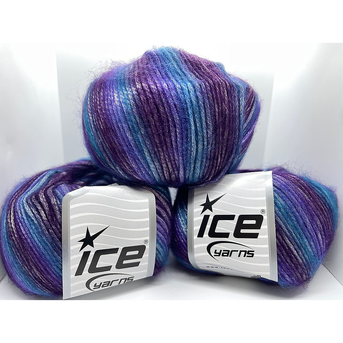 Ice Yarns Picasso 3 Pack - Blues, Lilac, Grape, Purple Yarn Fuzzy with Subtle Sheen Worsted Weight, 3x125 Yards (3x115meters) 3x1.76 Ounces (3x50 Grams)