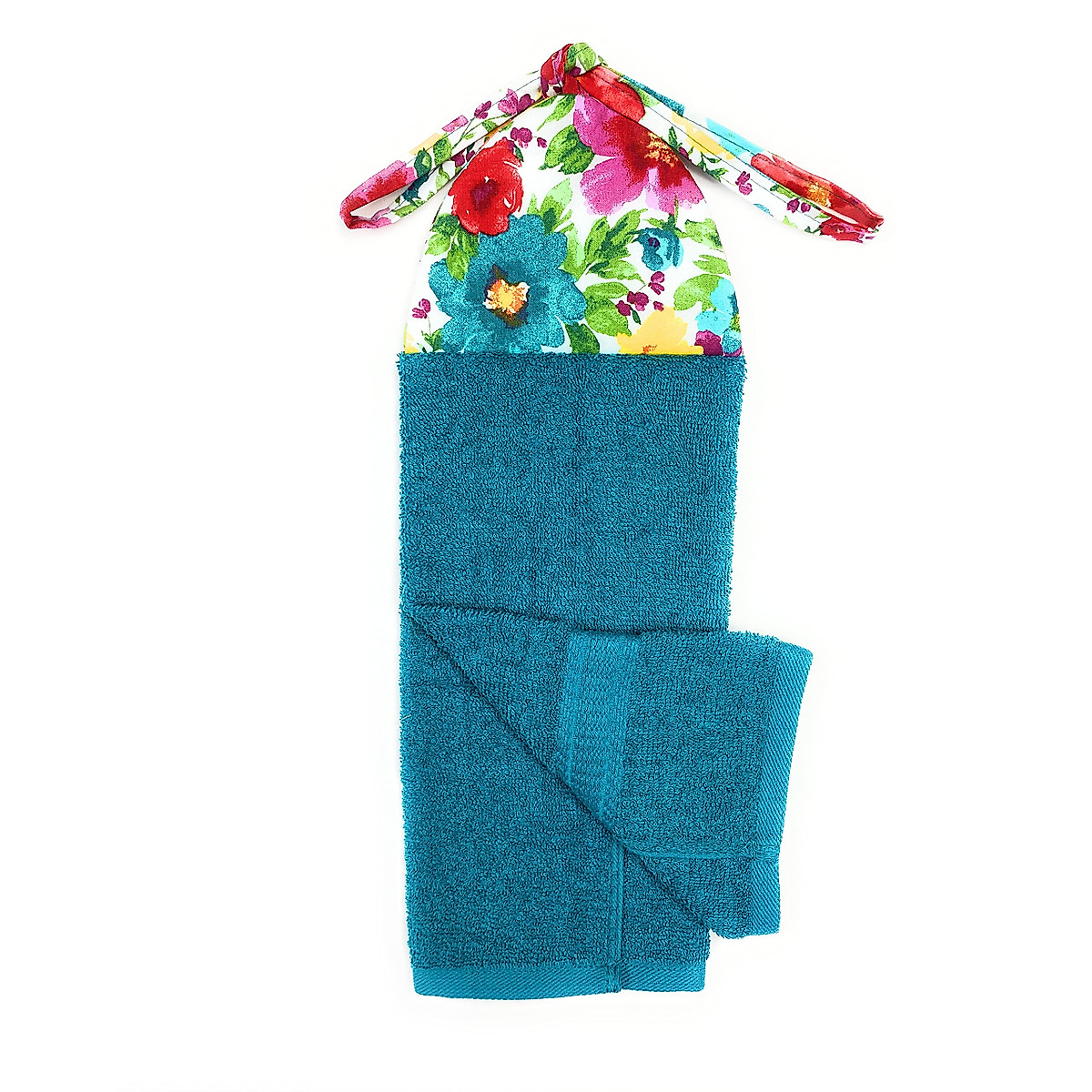 Red Pink Yellow Floral Flowers with Teal Turquoise Green Leaves Ties On Stays Put Kitchen Hanging Loop Hand Dish Towel and Set of 2 Square Pot Holders Hot Pads Trivets Hostess Housewarming Gift