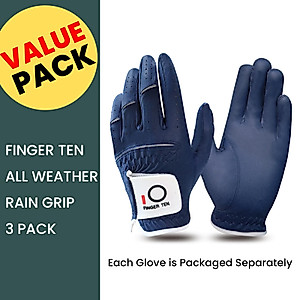 FINGER TEN Golf Gloves Men Left Hand Rain Grip Glove for Right Handed Golfer Value 3 Pack, All Weather Durable Grip Size Small Medium Large XL White Black Blue (Navy, Medium/Large, Left)