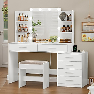 Quimoo 48" Large Vanity Desk with Mirror & Lights, Makeup Vanity Table with 6 Drawers & Power Outlet, 4 Open Storage Shelves, Vanity Desk Set with Stool, for Women Girls, White