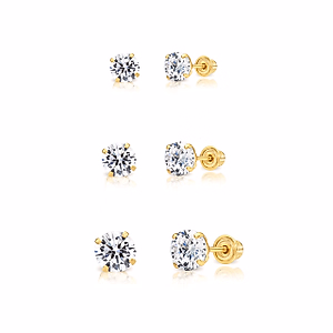 14k Gold Solitaire Round Cubic Zirconia Stud 3 Pair Earring Set (3mm, 4mm, 5mm) (yellow-gold)