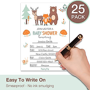Set of 25 Baby Shower Invitations for Boy or Girl with Envelopes, Diaper Raffle Tickets and Baby Shower Book Request Cards - Gender Neutral Woodland Animals