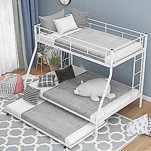 Tulib Twin Over Full Metal Bunk Bed with Sturdy Steel Frame, Bunkbed with Twin Size Trundle, Two-Side Ladders, No Spring Box Required, White