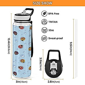 Fustylead Ladybugs 32 oz Tritan Water Bottle with Straw, Leakproof and BPA-Free Sport Water Bottle for Fitness, Gym & Outdoor