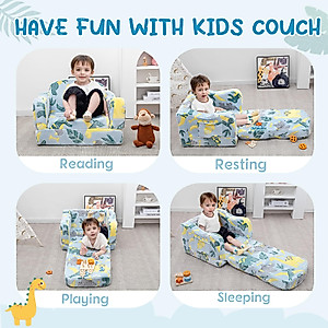 Airpanda Comfy Toddler Couch and Chair for Kids with Blanket, 2-in-1 Soft Plush Fold Out Kids Sofa Chairs for Girls and Boys, Convertible Sofa to Lounger for Playroom, Glowing Dinosaur
