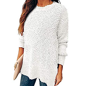 NIASHOT White Sweaters for Women Oversized Crewneck Sherpa Tunic Tops for Leggings L