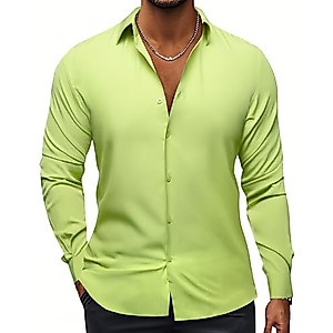 Hi-Tie Mens Dress Shirts 4 Way Stretch Long Sleeve Dress Shirts for Men Button Down Wrinkle Free Casual Formal Shirt,Army Green, Large