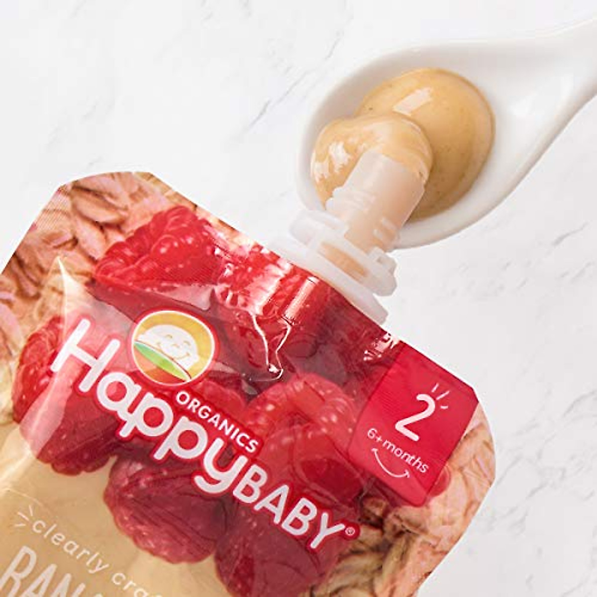 Happy Baby Organics Clearly Crafted Stage 2 Baby Food Bananas Raspberries & Oats, 4 Ounce Pouch Resealable Baby Food Pouches, Fruit & Veggie Puree, Organic Non-GMO Gluten Free Kosher (Pack of 8)