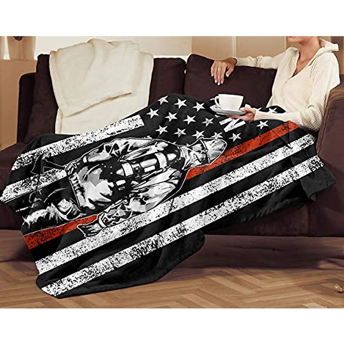 Personalized Custom Name Unit Number Volunteer Fireman Thin Red Line Redline Fire Department American Flag Birthday Christmas Fleece Sherpa Blanket Throw Tapestry (Custom Firefighter, Fleece - 50x60)