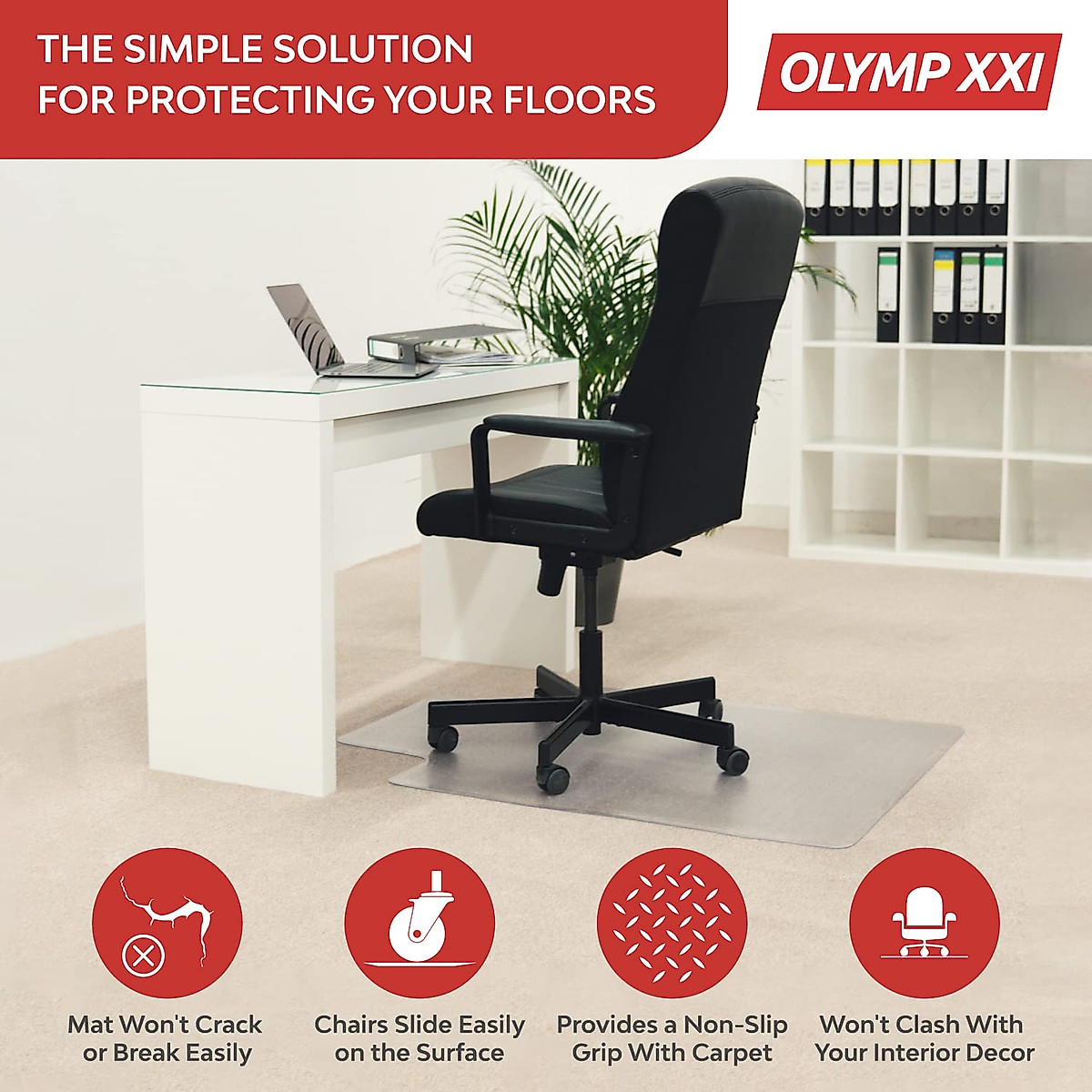 Heavy Duty Office Chair Mat with Lip for Carpet - 48 x 36 Inches Clear Desk Chair Mat - Anti-Slip Durable Carpet Protector for Desk Chair