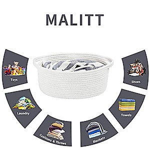Cotton Rope Basket with Handles 13.4" x 8.7" X 5.9" Woven Cotton Rope Storage Baskets are Ideal for Toy Baskets Laundry Baskets Blanket Baskets and Nursery Baskets（White）