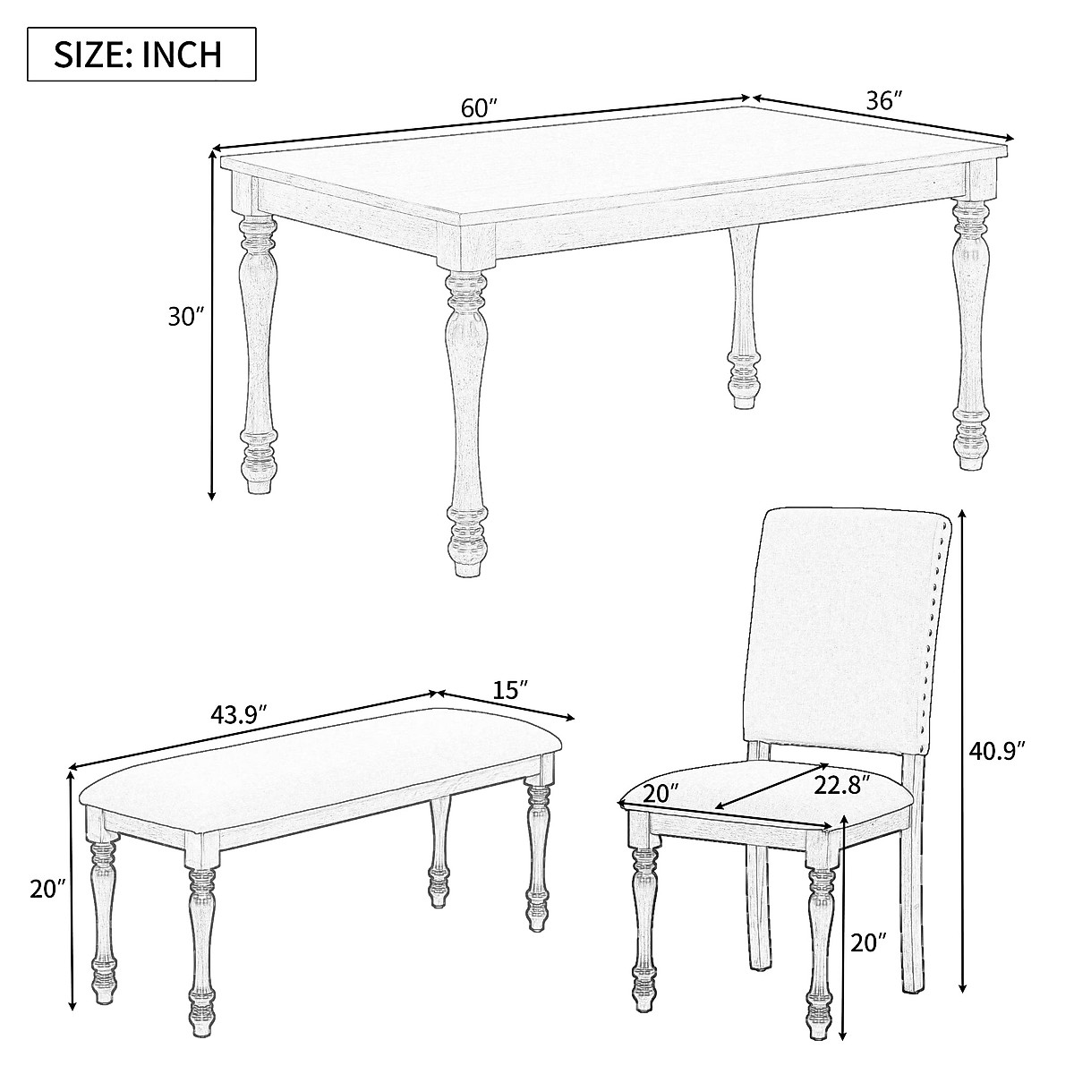 BIADNBZ 6-Piece Kitchen Dining Table Set with 4 Upholstered Chairs and 1 Bench, for 6 People, Gray