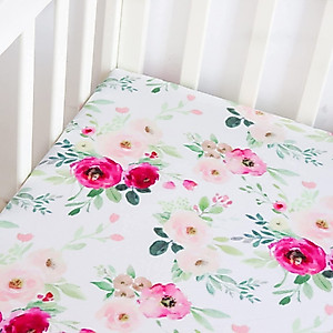 Girl Crib Sheet and Changing Pad Cover, Floral Nursery Bedding, Flower Sheets for Baby Toddler Mattress