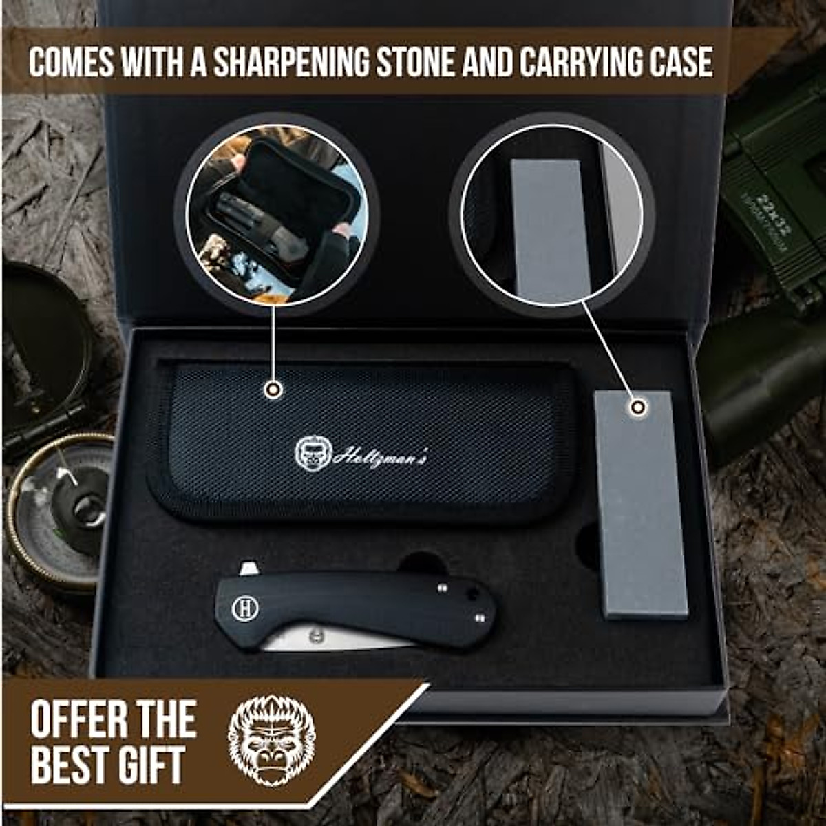 Holtzman's Gorilla Survival Folding Knife D2 Steel Blade G10 Tactical Handle Pocket Folding Knife EDC Giftset for Men (Silver and Black)