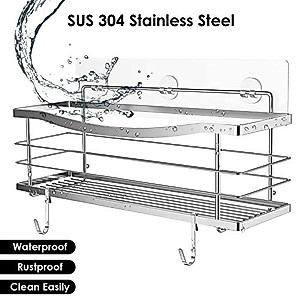 ODesign Adhesive Shower Caddy Shelf With Soap Dish Holder for Shampoo Conditioner Sponge Razor Kitchen Bathroom Basket Organizer Wall Mounted Stainless Steel Removable 2 Hooks