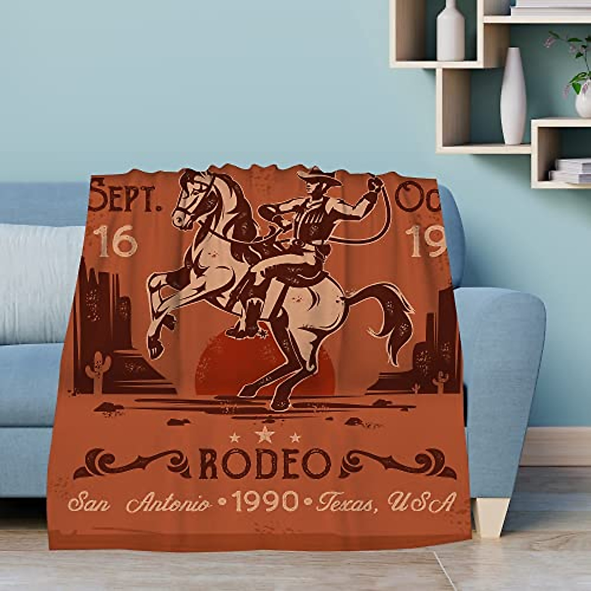 Kamoxi Western Cowboys Blanket Retro Rodeo Cowboy Sitting on A Horse Throw Blankets for Men Boys Soft Red Fluffy Flannel Bed Sofa Chair Couch Decor Fleece Blankets Fall Plush Fuzzy Bedding 50"x40"