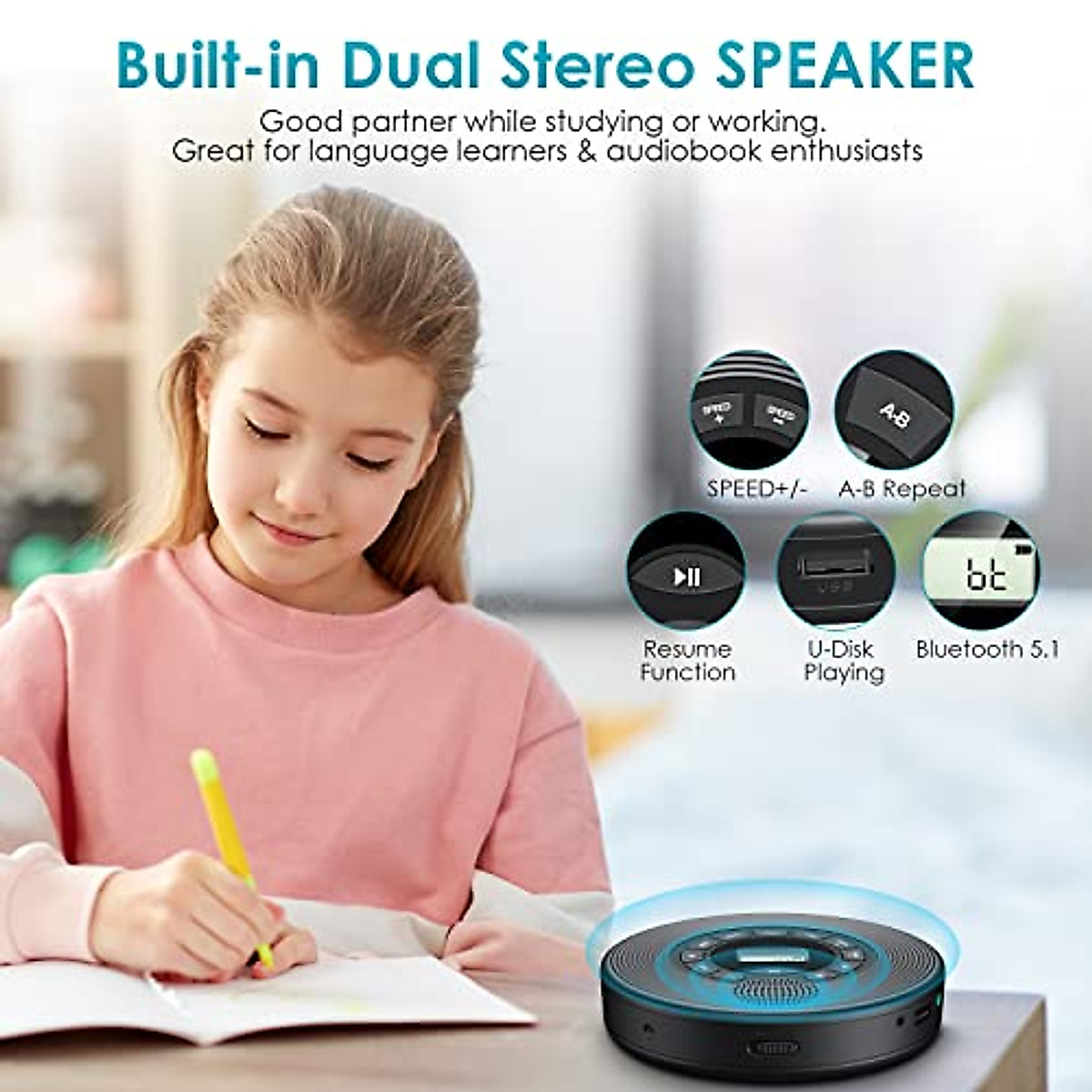 KOVCDVI Portable CD Player for Car Bluetooth CD Player with Speakers 1500mAh Rechargeable Battery Personal CD Players with Display Headphones Memory Function PROG Repeat Mode Supports USB MP3 AUX Play
