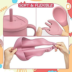 Silicone Baby Feeding Set, 12Pcs Baby Led Weaning Supplies, Includes Baby Suction Bowls and Plates, Silicone Baby Bibs, Silicone Baby Cup, Silicone Baby Spoons and Forks (2 Sets Beige & Pink)